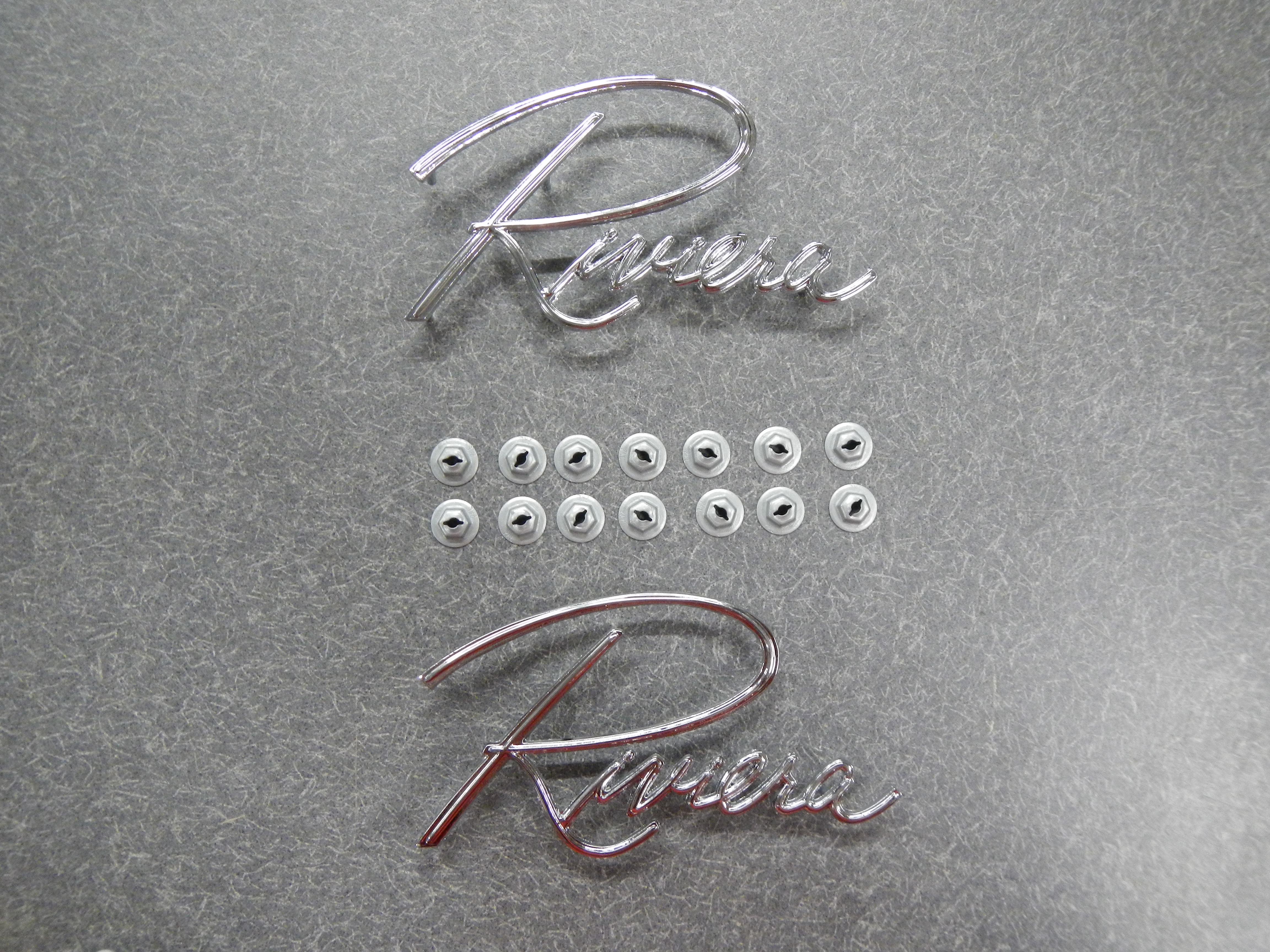 “Riviera” Front Fender Script Emblem Pair (2) with mounting nuts – 63 ...