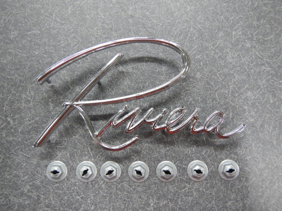 “Riviera” Front Fender Script Emblem (1) with mounting nuts – 63 64 65 ...